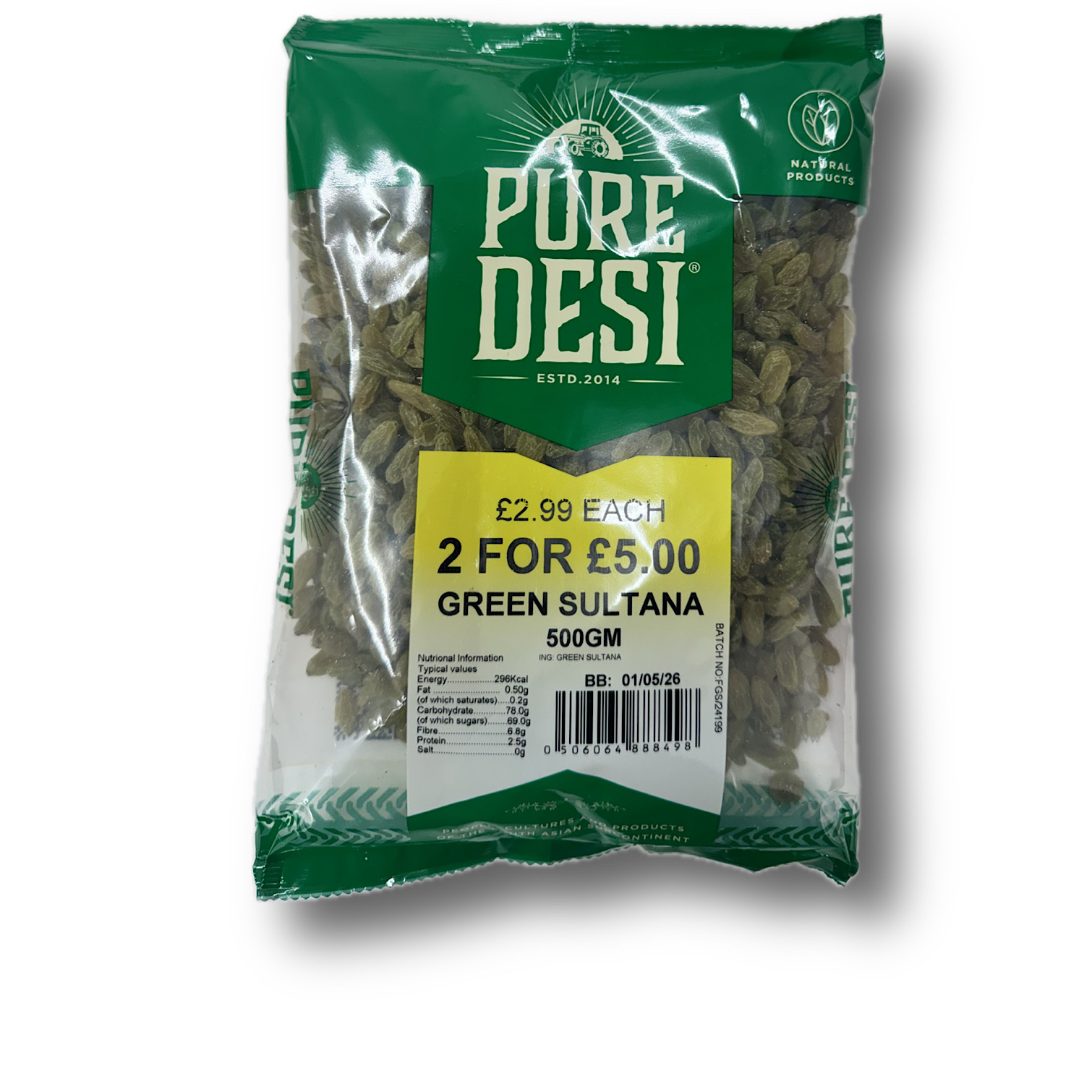 GREEN SULTANAS - 10 X 500 - RRP 2 for 5.00 - Wholespices